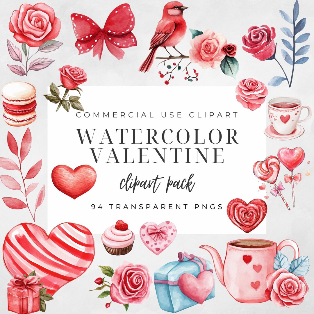 Watercolor Valentine Clipart: 94 Pngs, Bonus Digital Papers (commercial ...