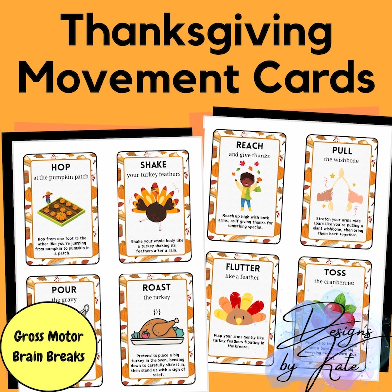 Thanksgiving Themed Gross Motor Movement Cards Brain Breaks Transition ...