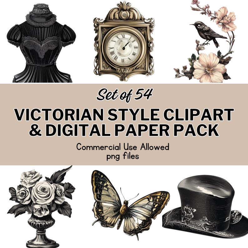 Victorian Clipart & Digital Paper Pack | Vintage Ephemera Floral Pngs ...
