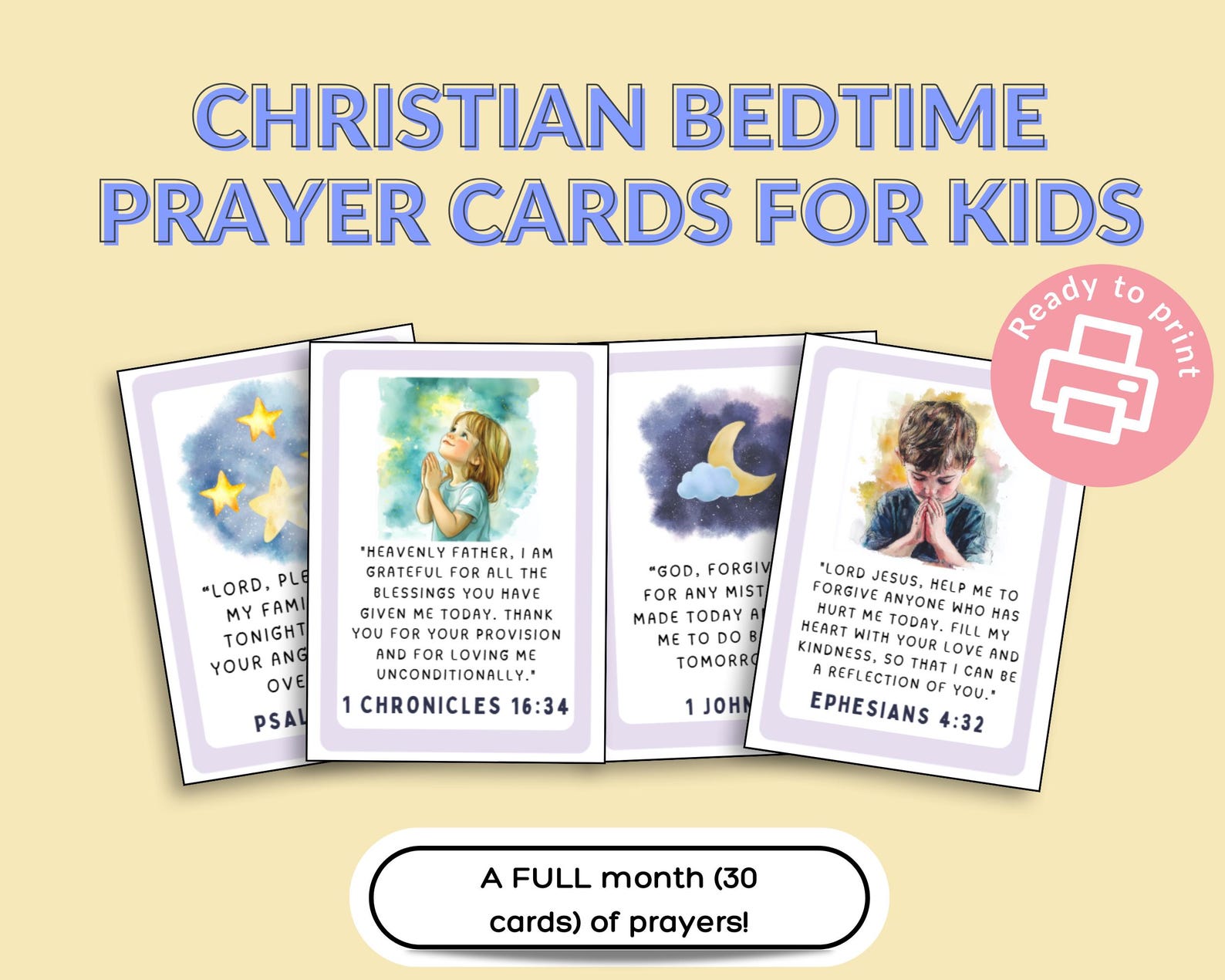 Christian Bedtime Prayer Cards for Kids: 30-day Printable Pack (PDF) - Etsy