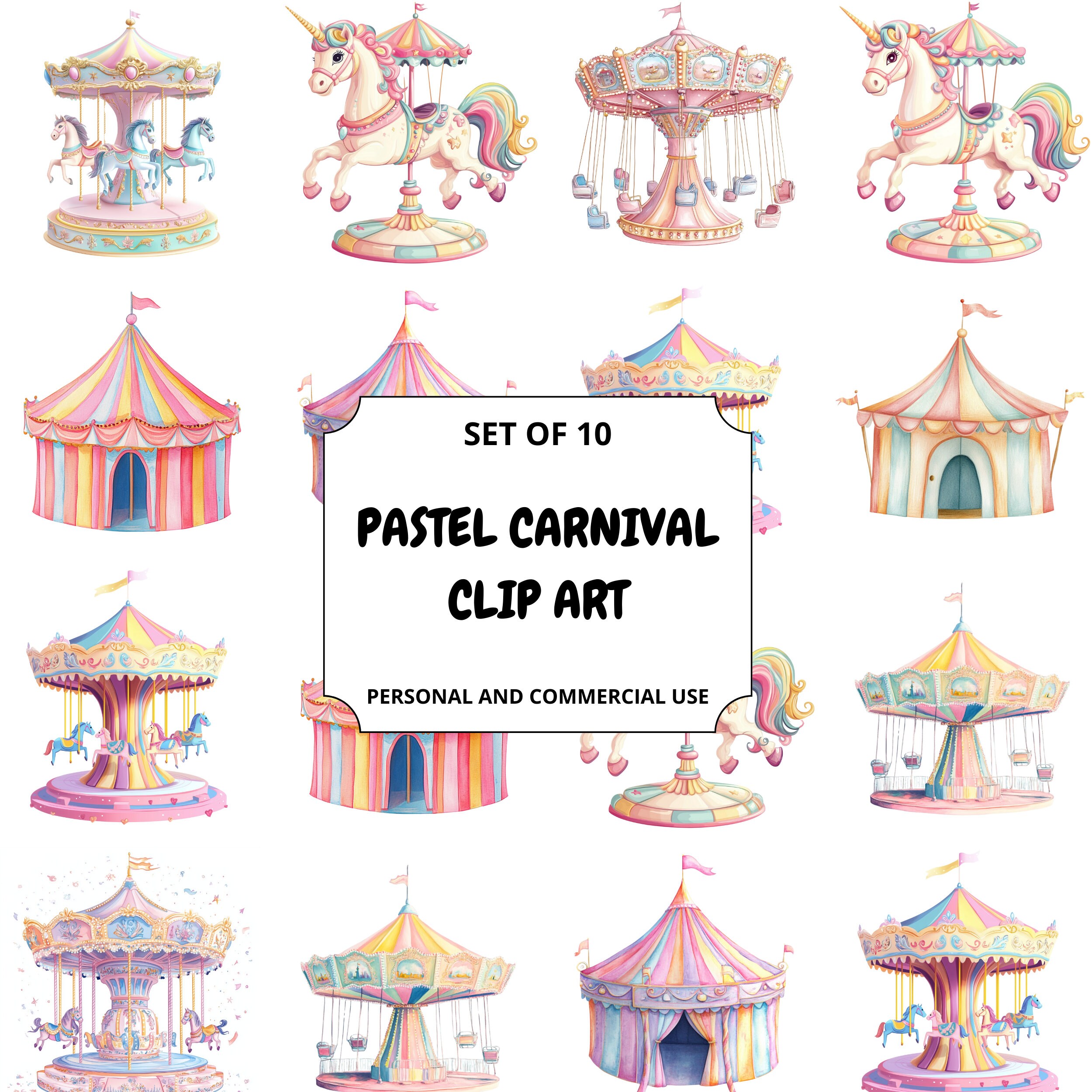 Pastel Carnival Clipart: Unicorns, Carousels, Tents (10 PNG Files) - Etsy