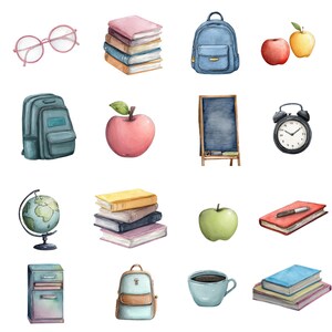 Watercolor Back to School Clipart: 56 PNG Graphics, Teacher Resources ...