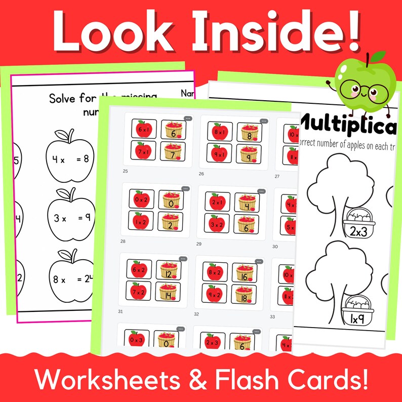 Apple Multiplication Pack - 81 Pages - Worksheets & Flash Cards - Facts ...