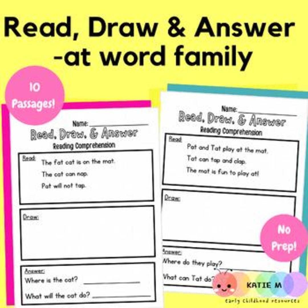 At Word Family Phonics Pack, Read Draw Answer (printable Worksheets) - Etsy