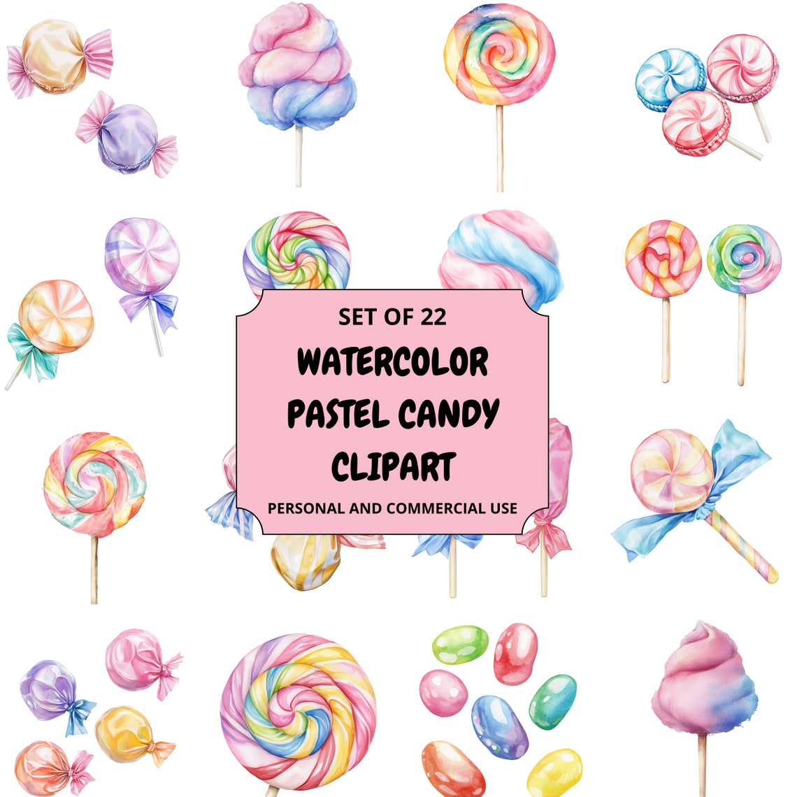 Watercolor Pastel Candy Clip Art: 22 Pngs + Bonus Papers (digital ...
