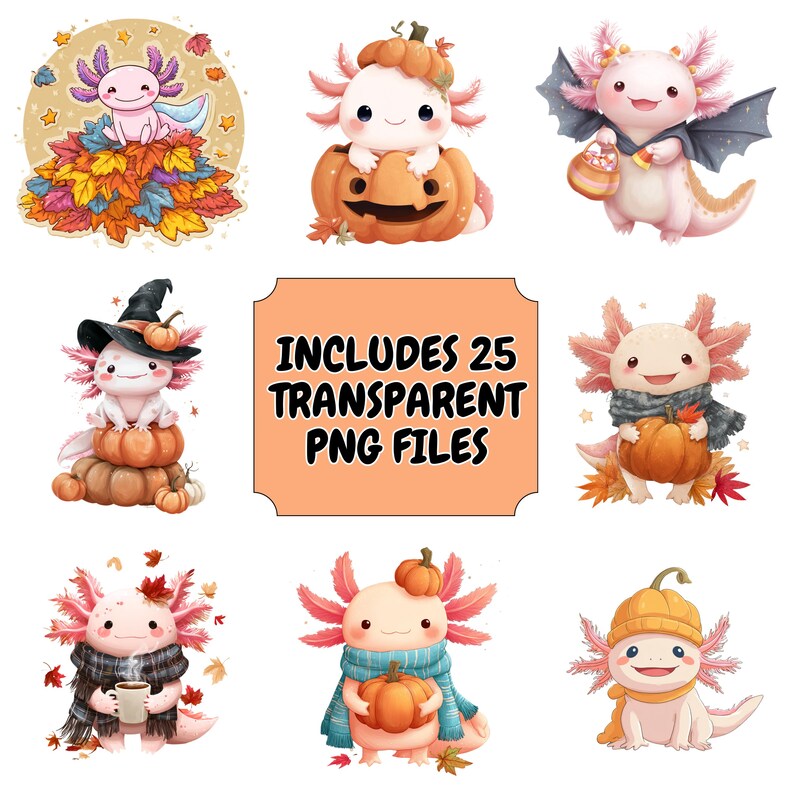 Fall Axolotl Clipart – Halloween PNG Graphics (25 Pngs) (digital ...