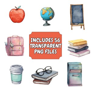 Watercolor Back to School Clipart: 56 PNG Graphics, Teacher Resources ...