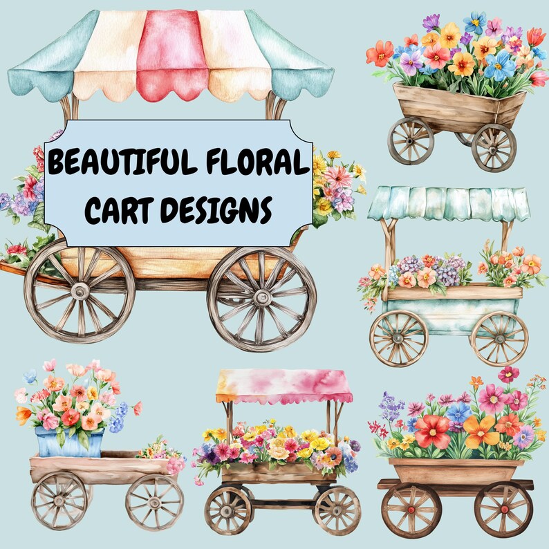 Watercolor Flower Cart Clipart Bundle: 75 PNG Illustrations (commercial ...