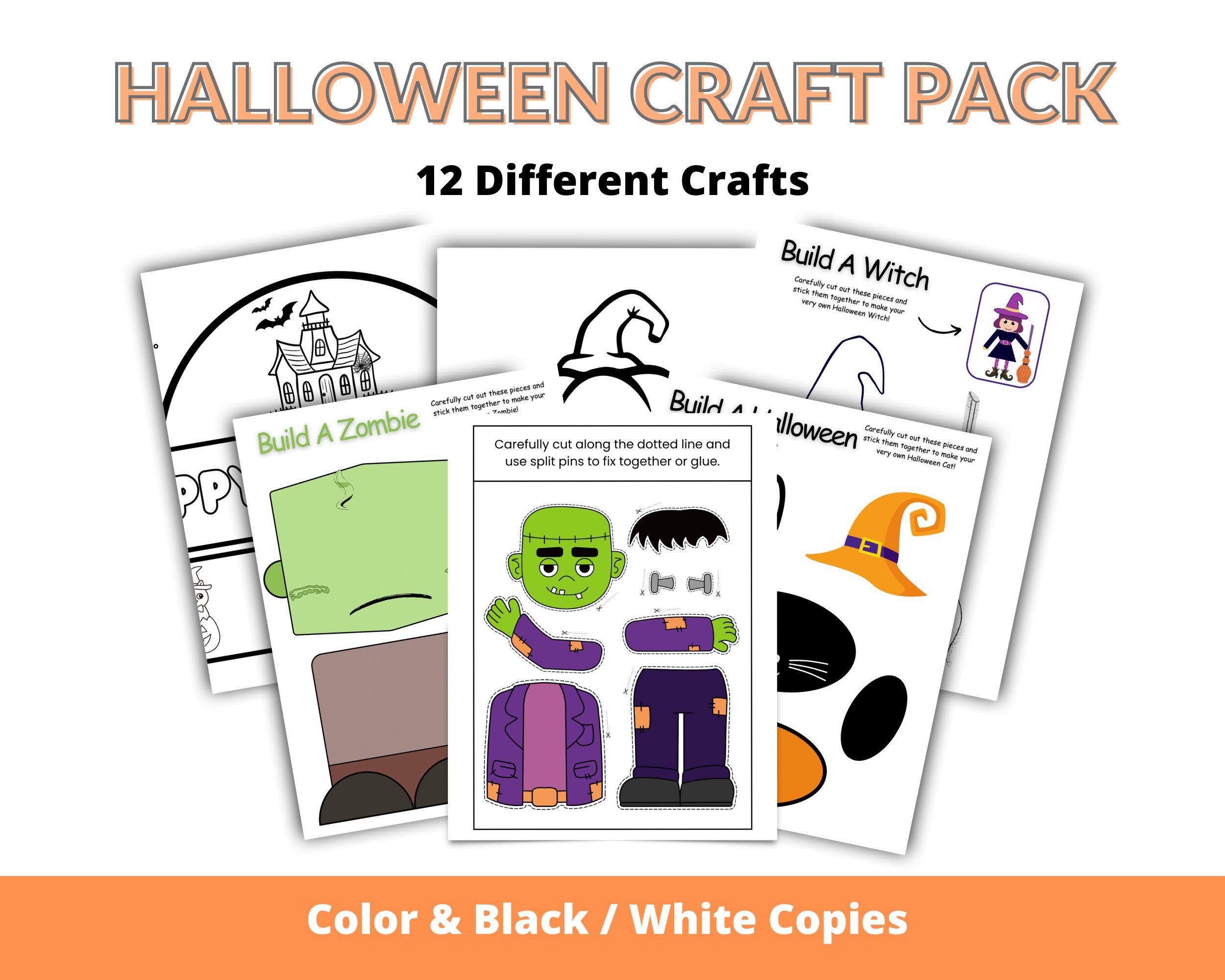 Halloween Craft Pack for Kids 12 Crafts Black and White Color Halloween ...