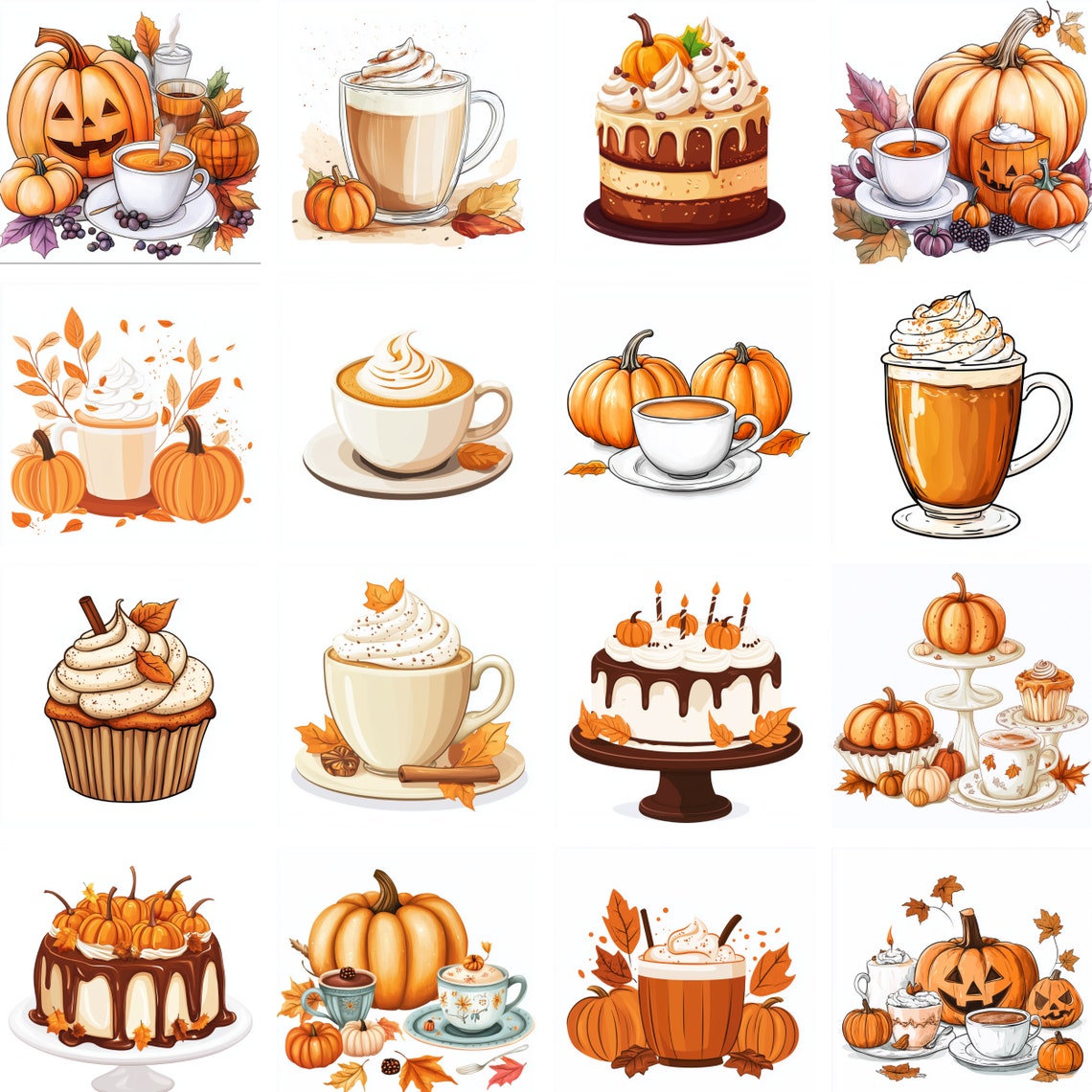 Pumpkin Spice Clip Art- Cake, Cupcakes, Coffee, Tea Sets, Pumpkins ...