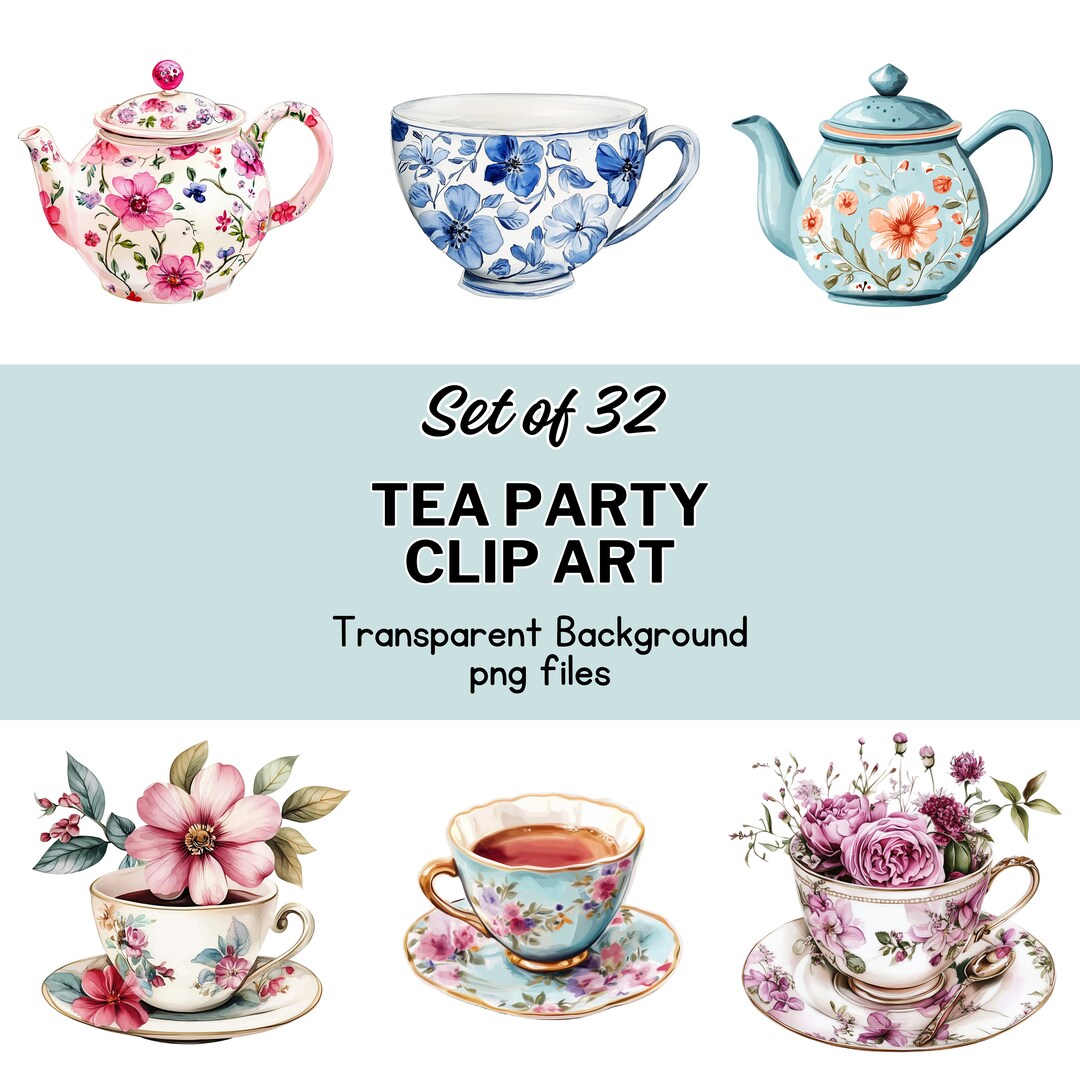 Floral Tea Party Clip Art: 32 PNG Illustrations (digital Download) - Etsy
