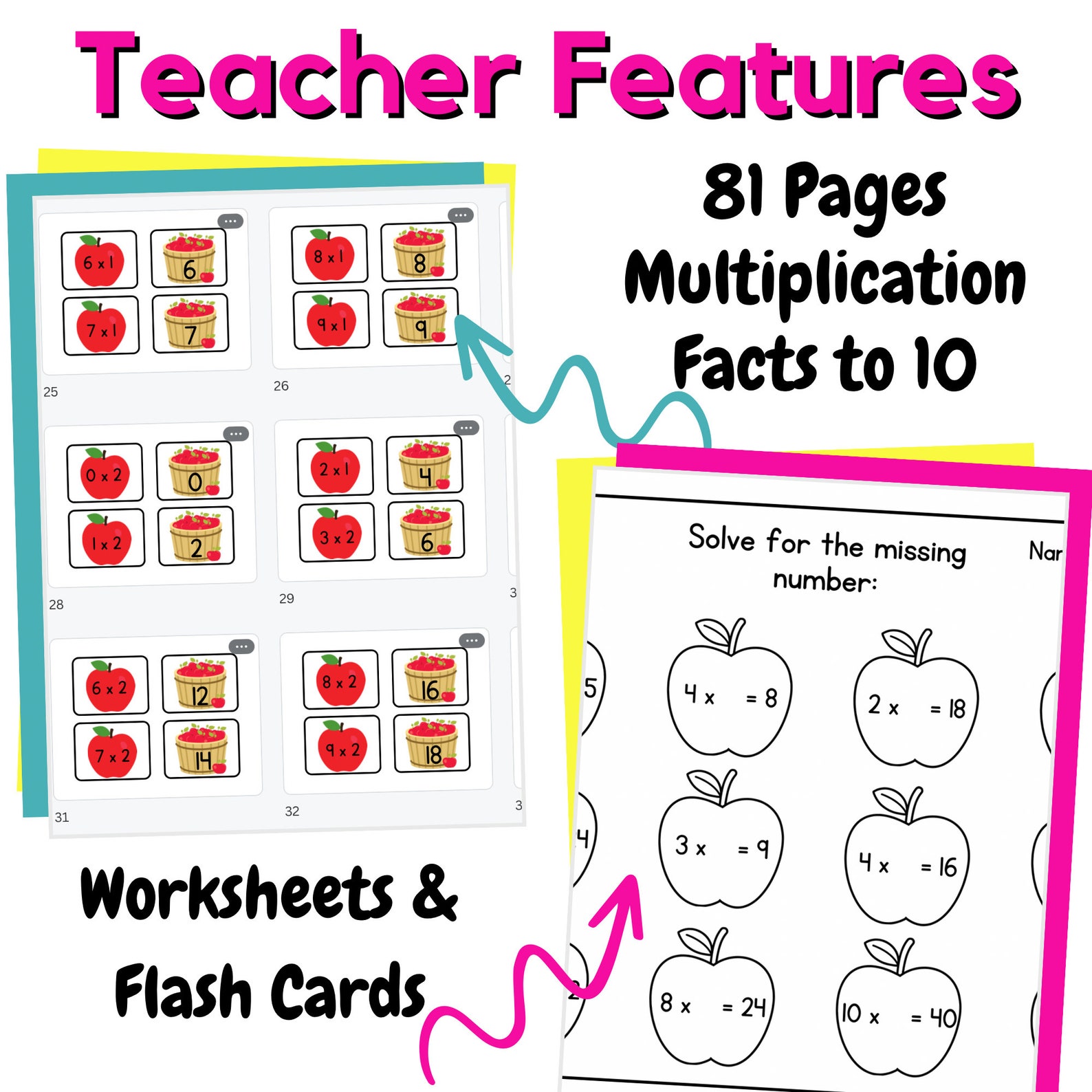 Apple Multiplication Pack - 81 Pages - Worksheets & Flash Cards - Facts ...