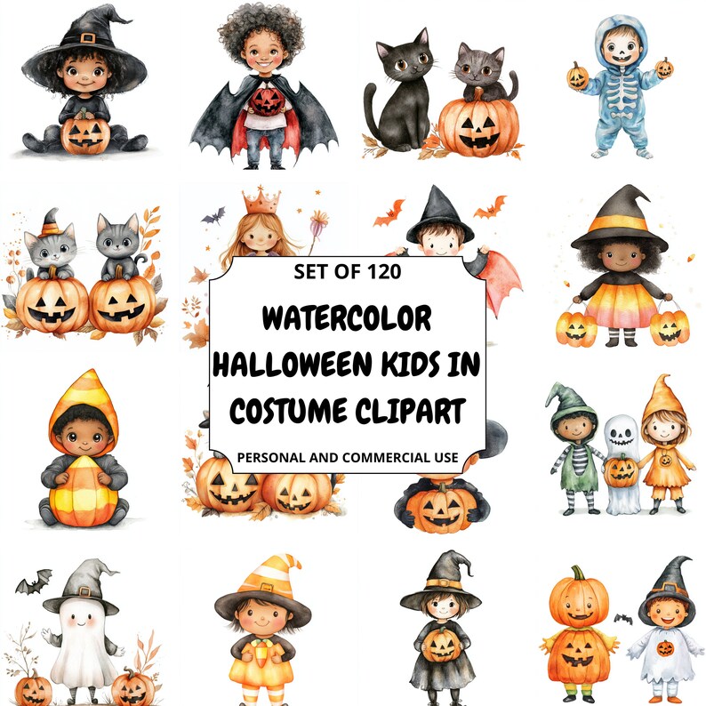 Watercolor Halloween Kids Clipart: Costumes, Haunted Houses, Cats (120 ...