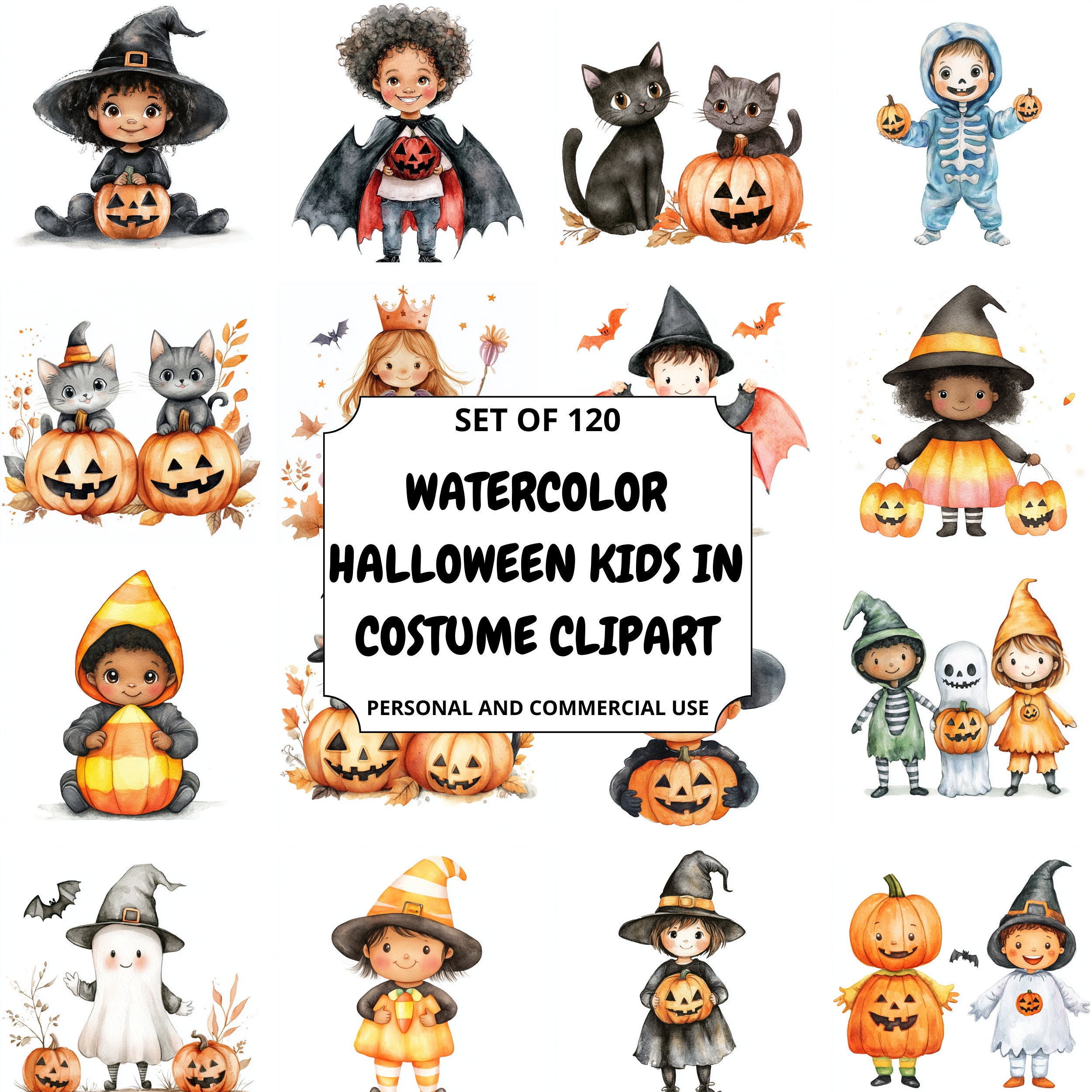 Watercolor Halloween Kids Clipart: Costumes, Haunted Houses, Cats (120 ...