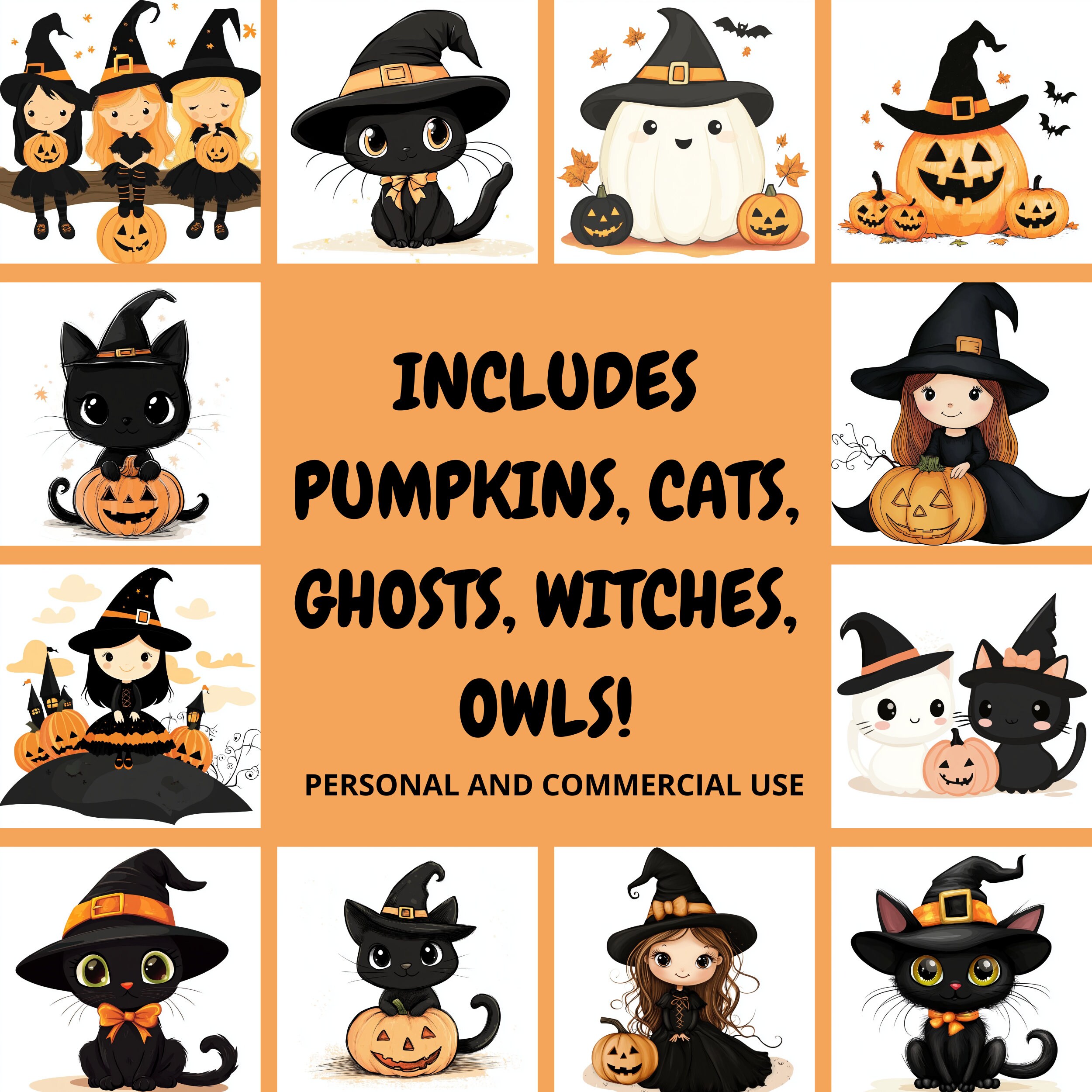 Cute Halloween Clipart Cats, Witches, Owls, Pumpkins, Ghosts 32 Designs ...