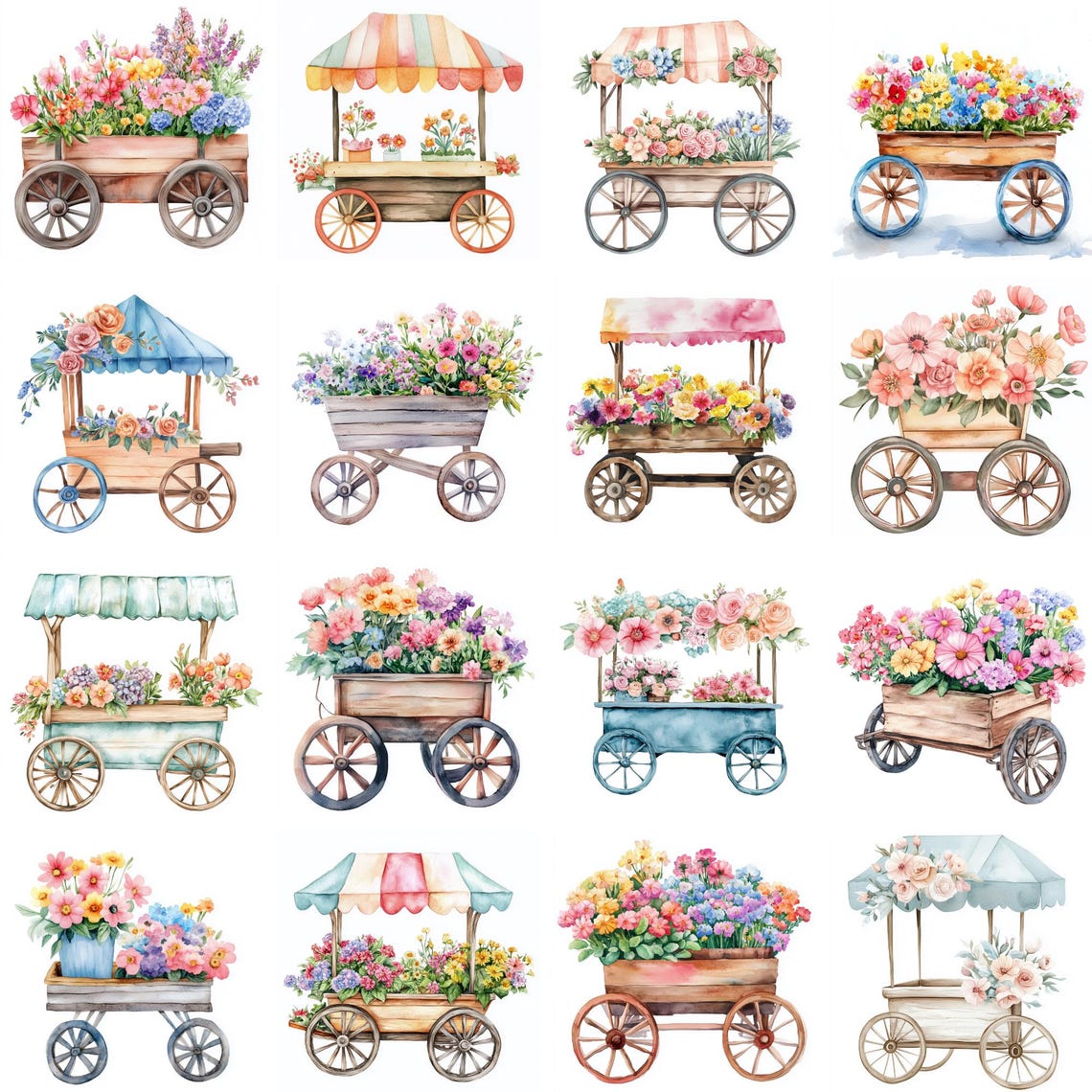 Watercolor Flower Cart Clipart Bundle: 75 PNG Illustrations (commercial ...