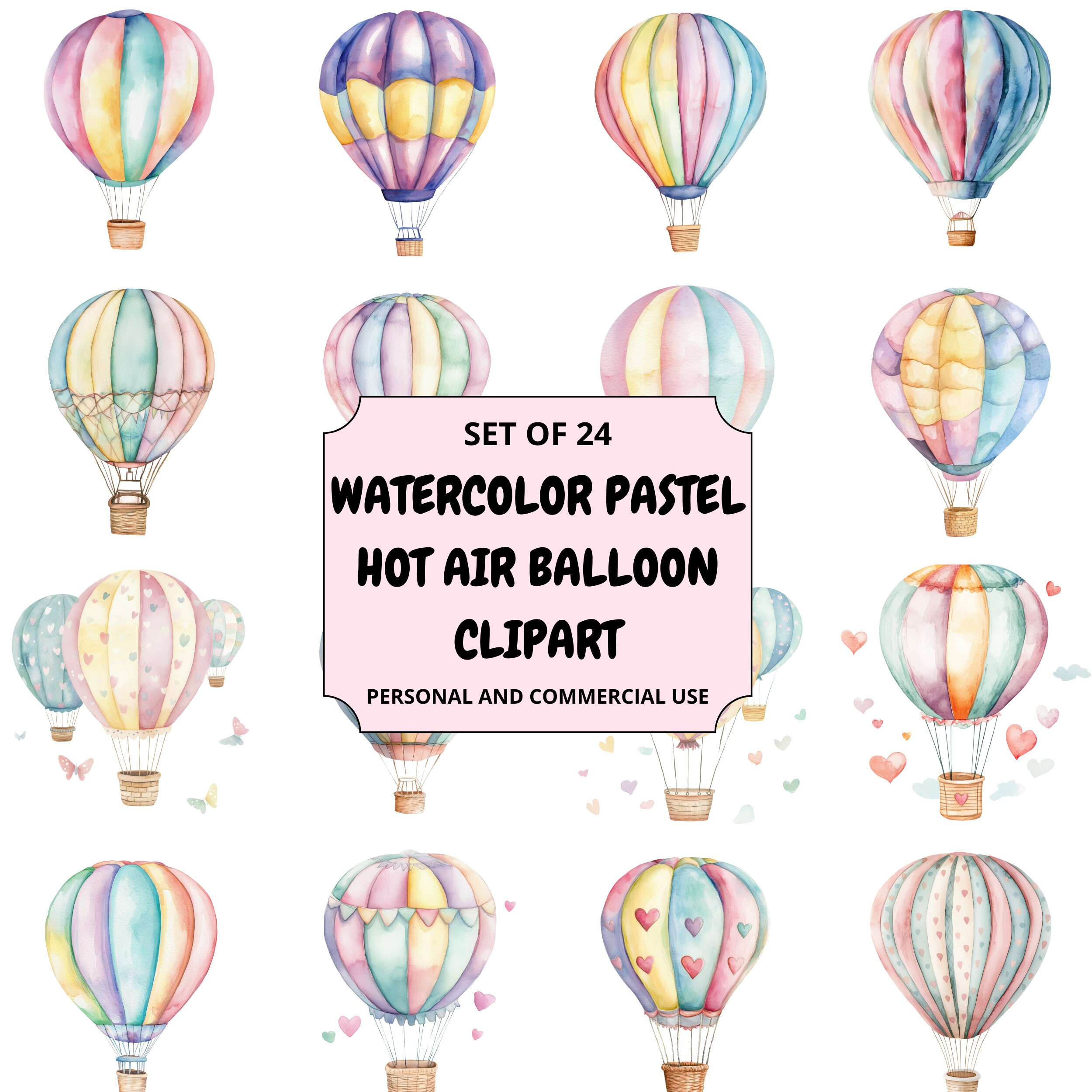 Watercolor Pastel Hot Air Balloon Clip Art: 24 PNG Files - Etsy