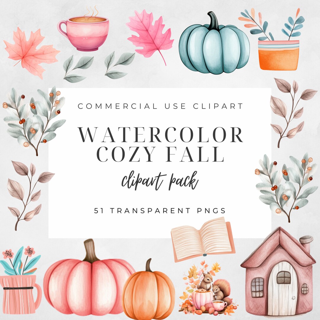 Watercolor Fall Clipart: Cozy Pastel Pumpkins, Leaves (PNG, Commercial ...
