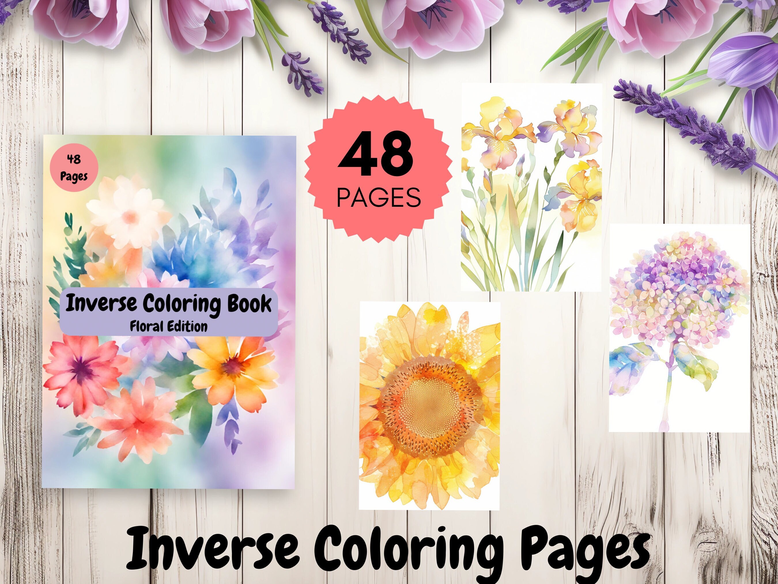 Inverse Coloring Book - Floral Designs - Various Flowers - Watercolor ...