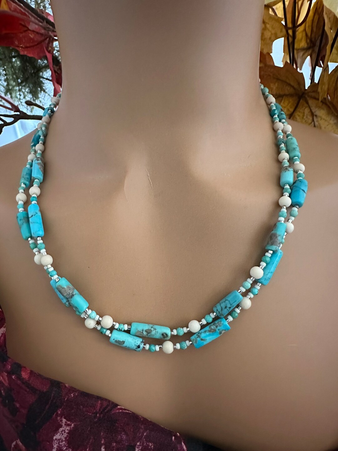 Real Turquoise, White Howlite, Double Strand, Sterling Silver, Spring ...