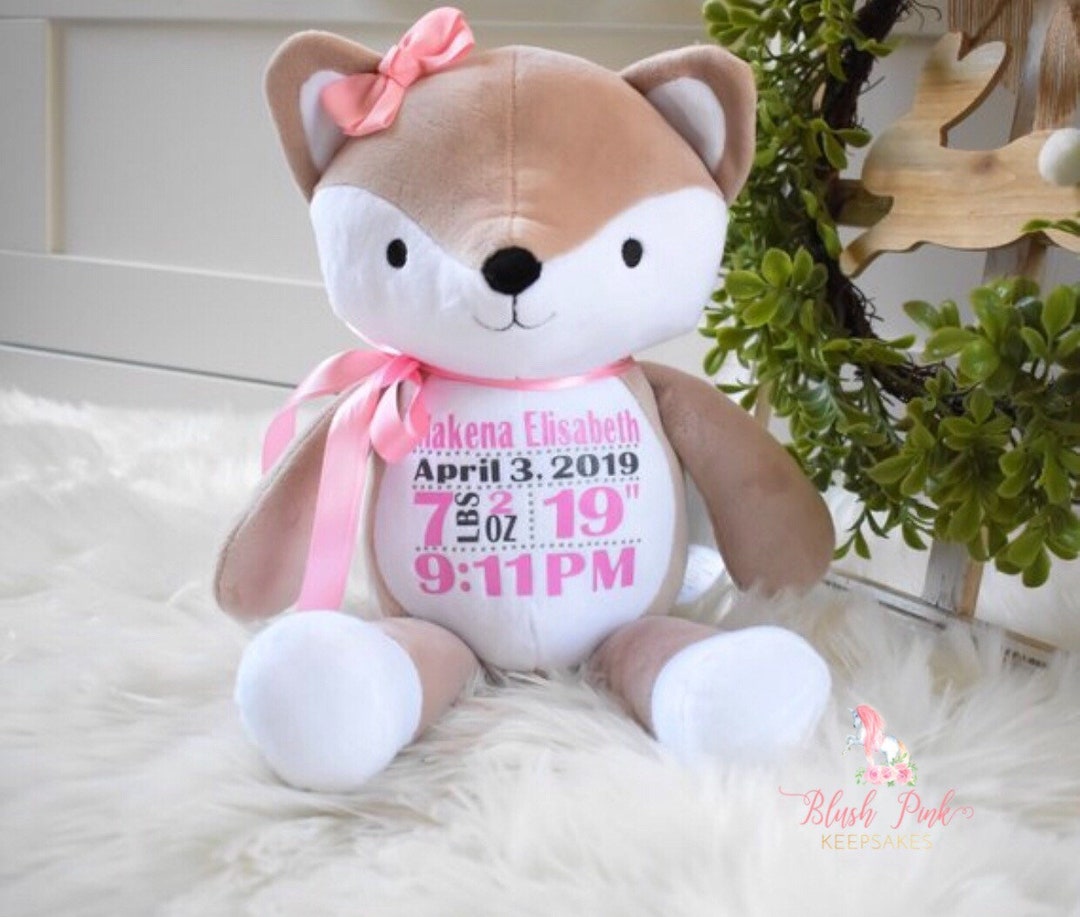 Birth Stat Stuffed Fox With HANDMADE Bow Birth Announcement - Etsy