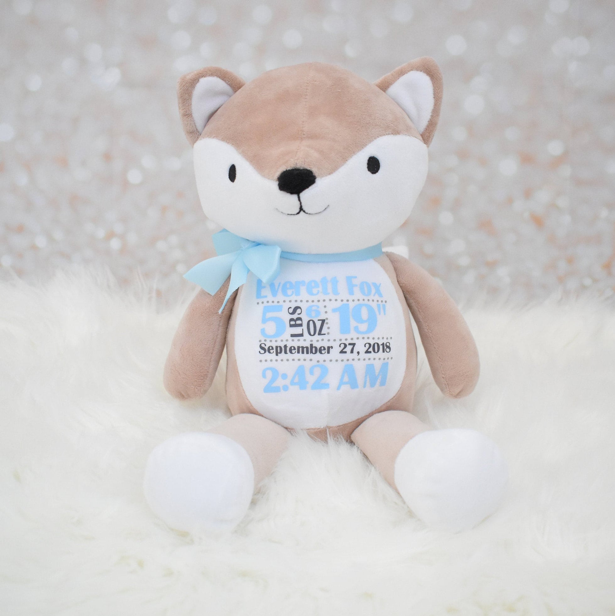 Birth Stat Stuffed Fox with HANDMADE bow Birth announcement | Etsy
