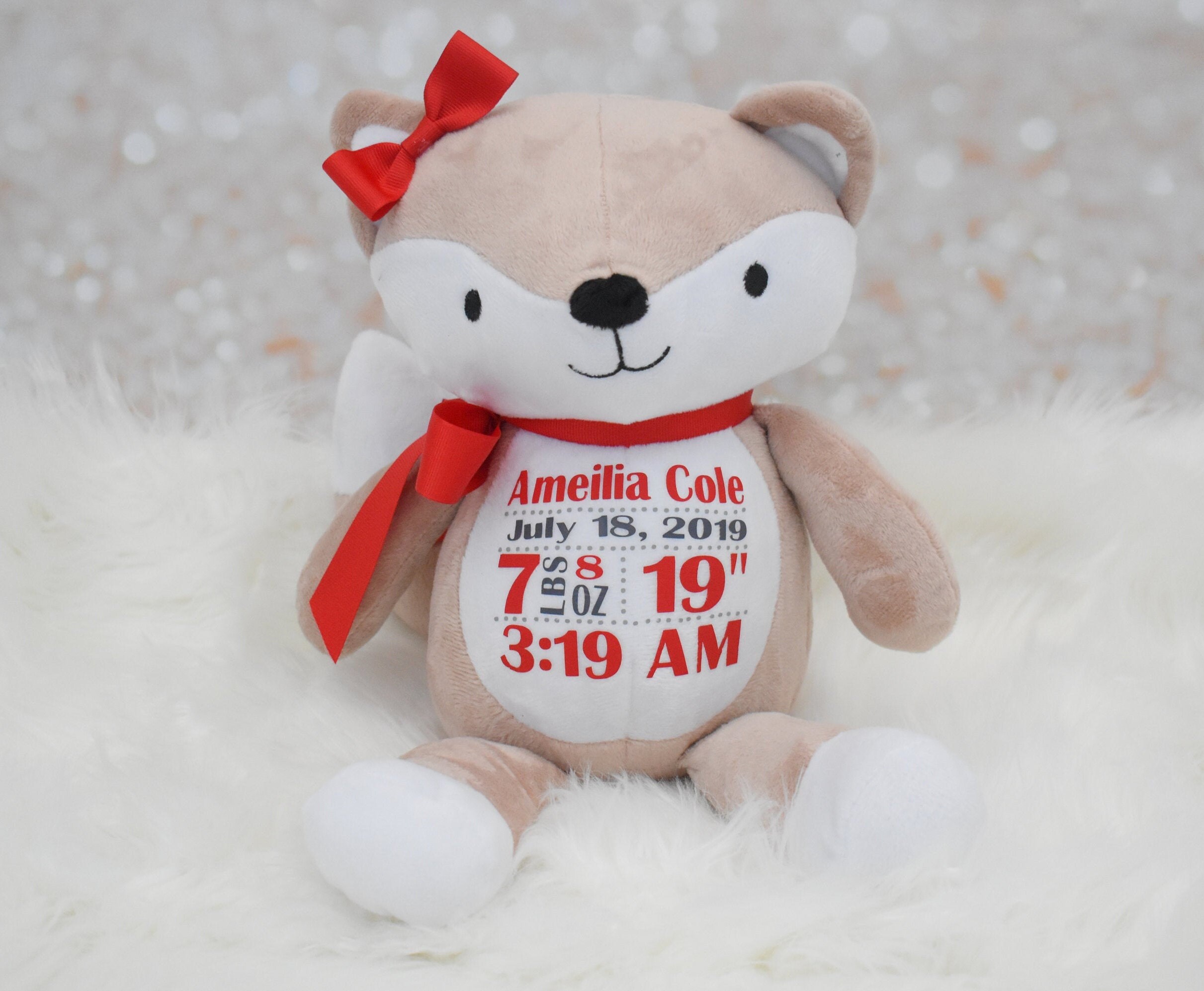 Birth Stat Stuffed Fox with HANDMADE bow Birth announcement | Etsy