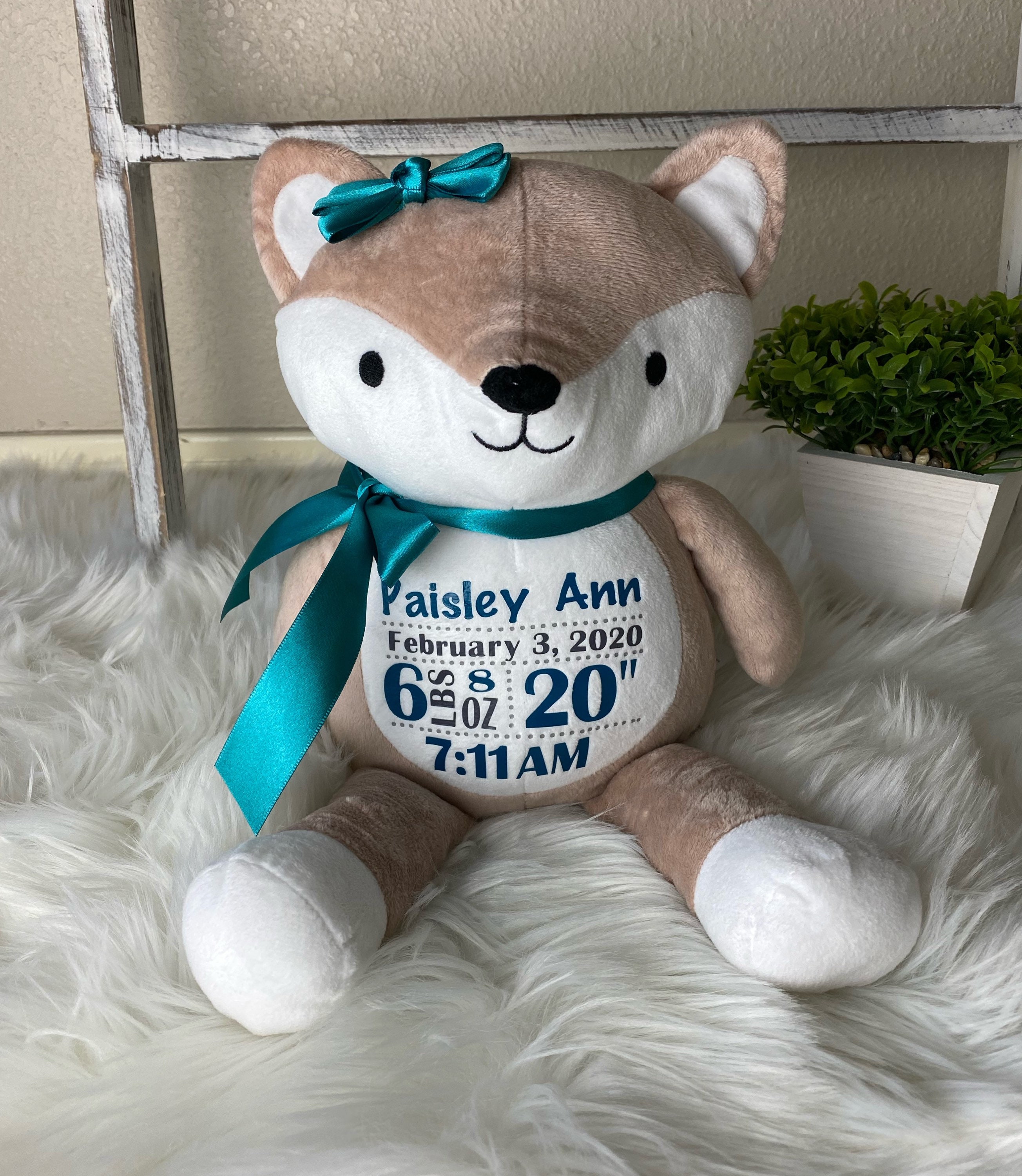 Birth Stat Stuffed Fox with HANDMADE bow Birth announcement | Etsy