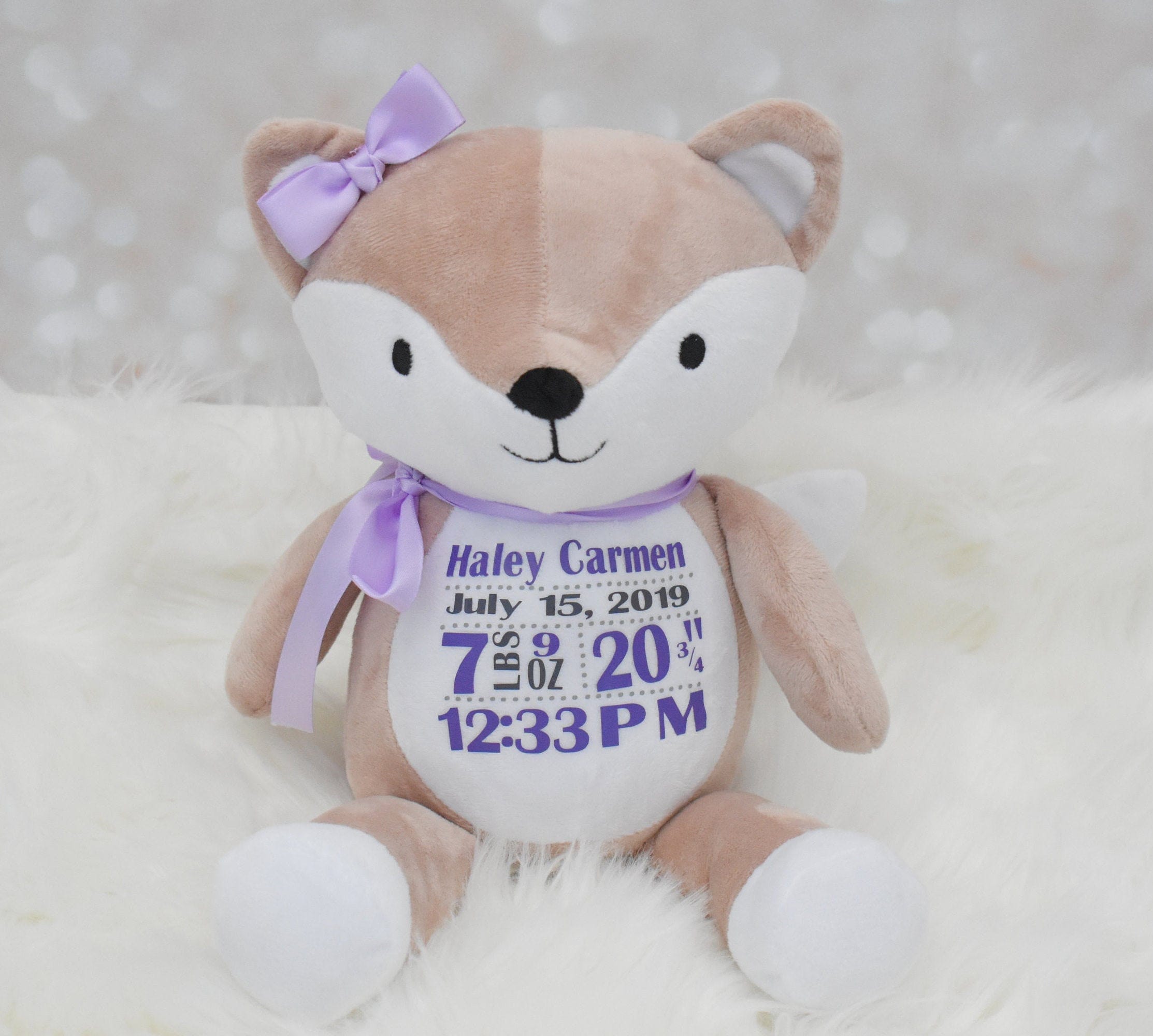 Birth Stat Stuffed Fox with HANDMADE bow Birth announcement | Etsy