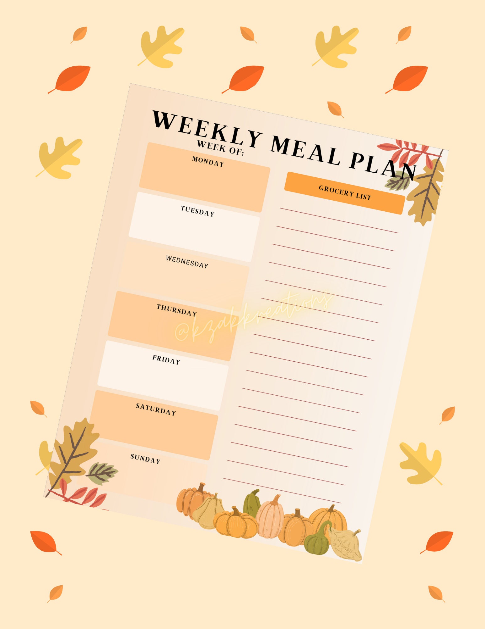 Minimalist Fall Design Meal Planner Weekly Meal Plan Printable Instant ...