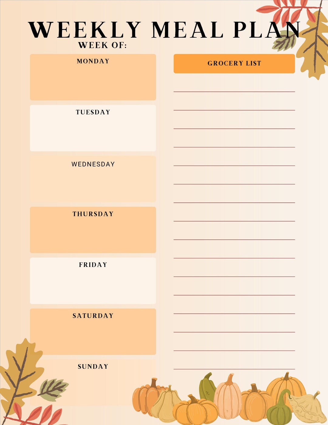 Minimalist Fall Design Meal Planner | Weekly Meal Plan Printable ...