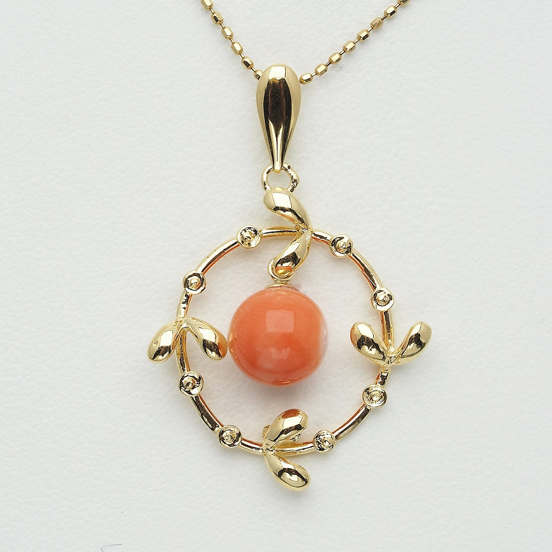 18K Solid Gold Undyed Natural Japanese Coral Circle Pendant, Genuine ...