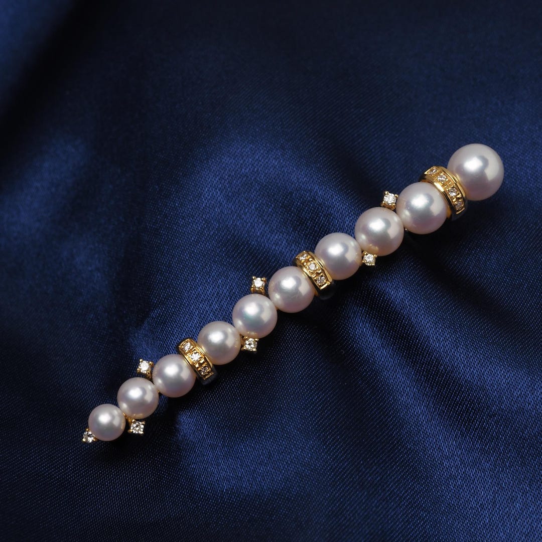 18K Solid Gold Akoya Pearl Line Brooch With Natural Diamond, 4-7mm up ...
