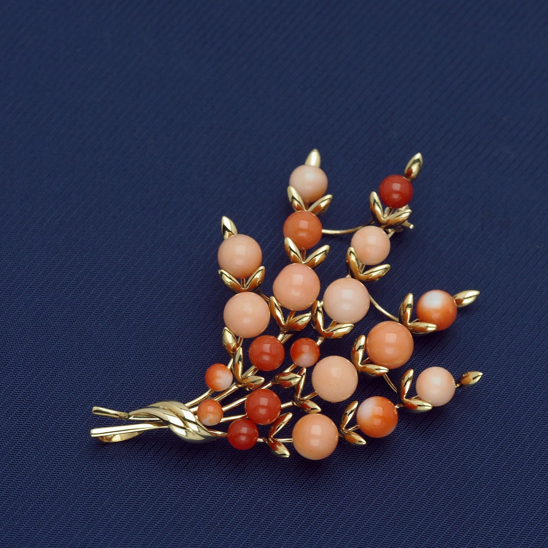 Broche corail naturel en or massif 18 carats, motif Nandina, bijoux en ...