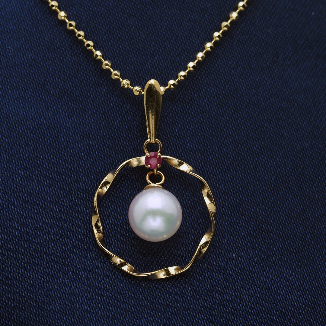 18K Solid Gold Akoya Pearl Circle Pendant With Natural Ruby, Yellow ...