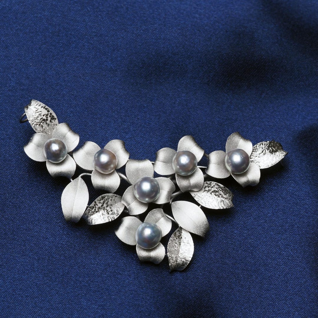 Akoya Pearl Natural Blue Statement Botanical Brooch, Silver 925 Flowers ...