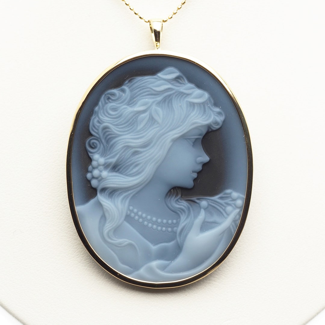 18K Solid Gold Blue Agate Cameo Pendant Brooch Oval 35x45mm, Female ...