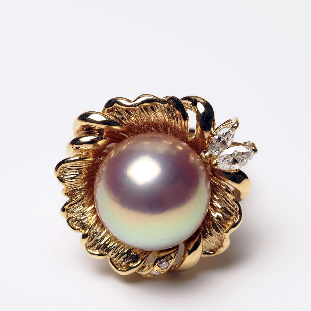 18K Solid Gold Edison Pearl Ring With Natural Diamond Size 5.5, Come ...