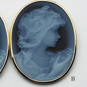 18K Solid Gold Blue Agate Cameo Pendant Brooch Oval 35x45mm, Female ...