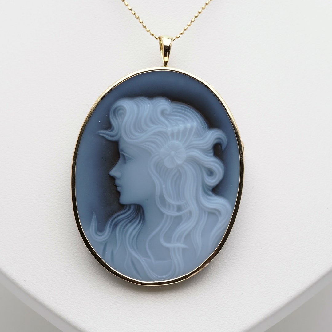 18K Solid Gold Blue Agate Cameo Pendant Brooch Oval 35x45mm, Female ...