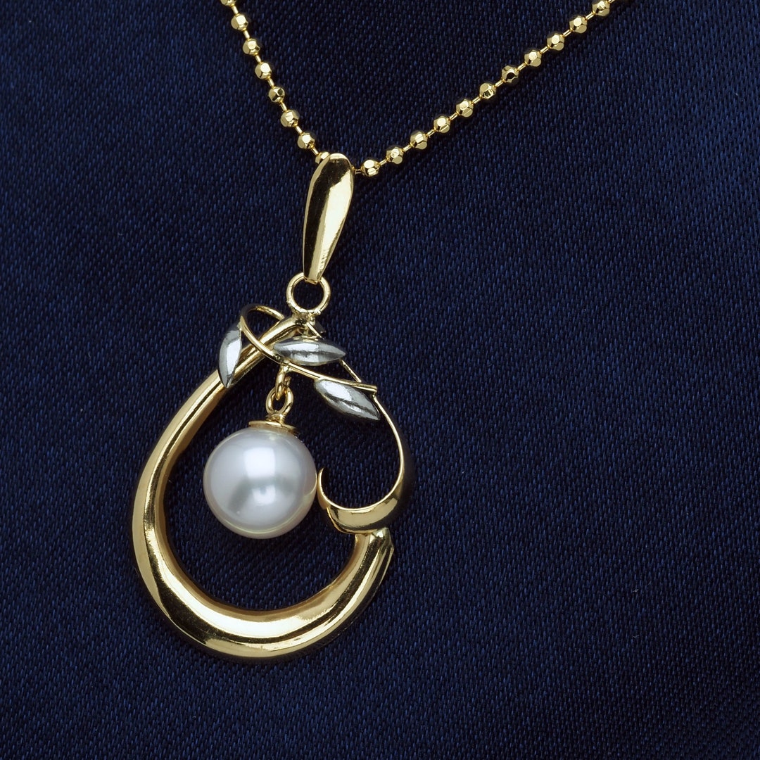 18K Solid Gold Akoya Pearl Botanical Pendant, Art Nouveau Style, Yellow ...