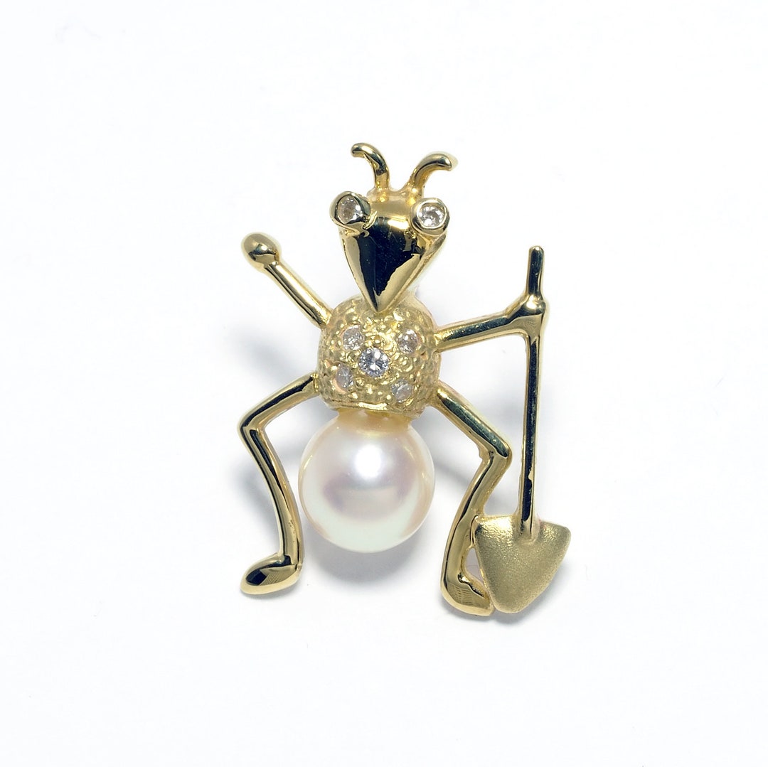 18K Solid Gold Ant Pin/brooch With Akoya Pearl and Natural Diamond ...