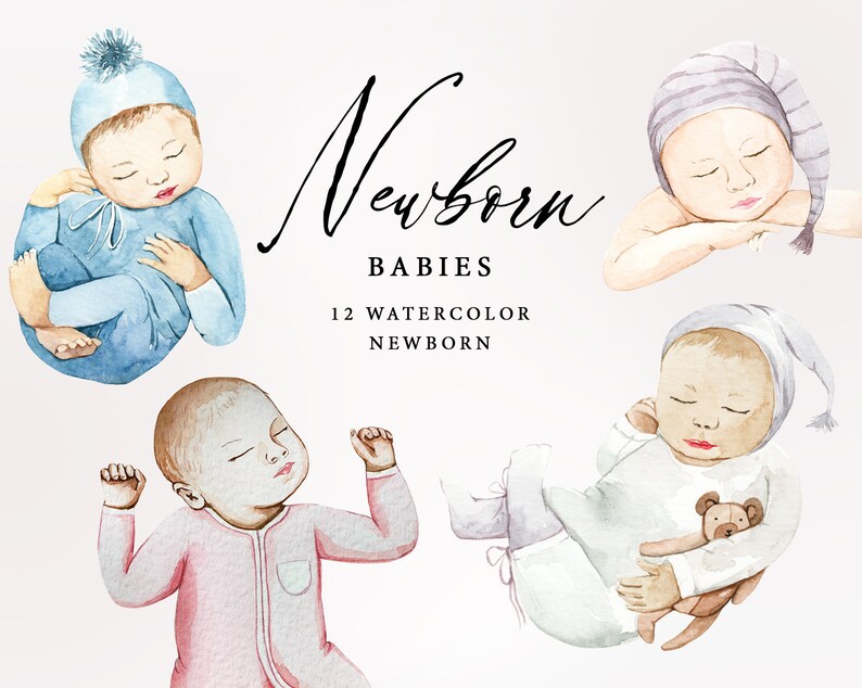Newborn Babies Baby Shower Watercolor Illustration Nursery | Etsy