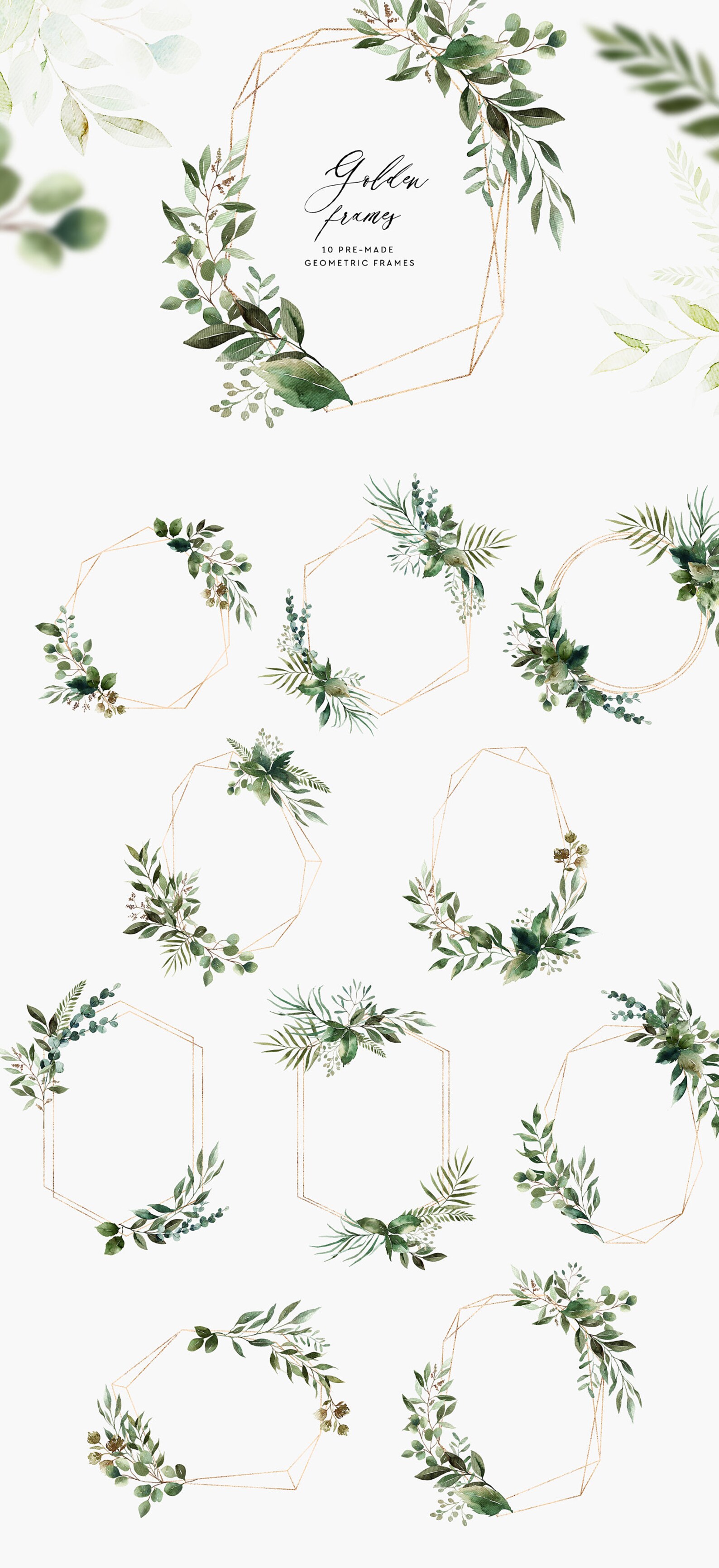 Watercolor Golden Greenery Frames Wedding Frame Clipart | Etsy