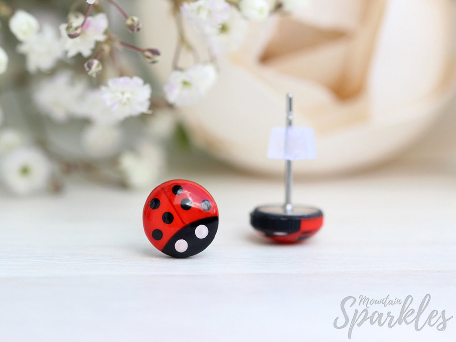 Ladybug Earrings: Titanium Studs, Polymer Clay, Gift for Girls - Etsy