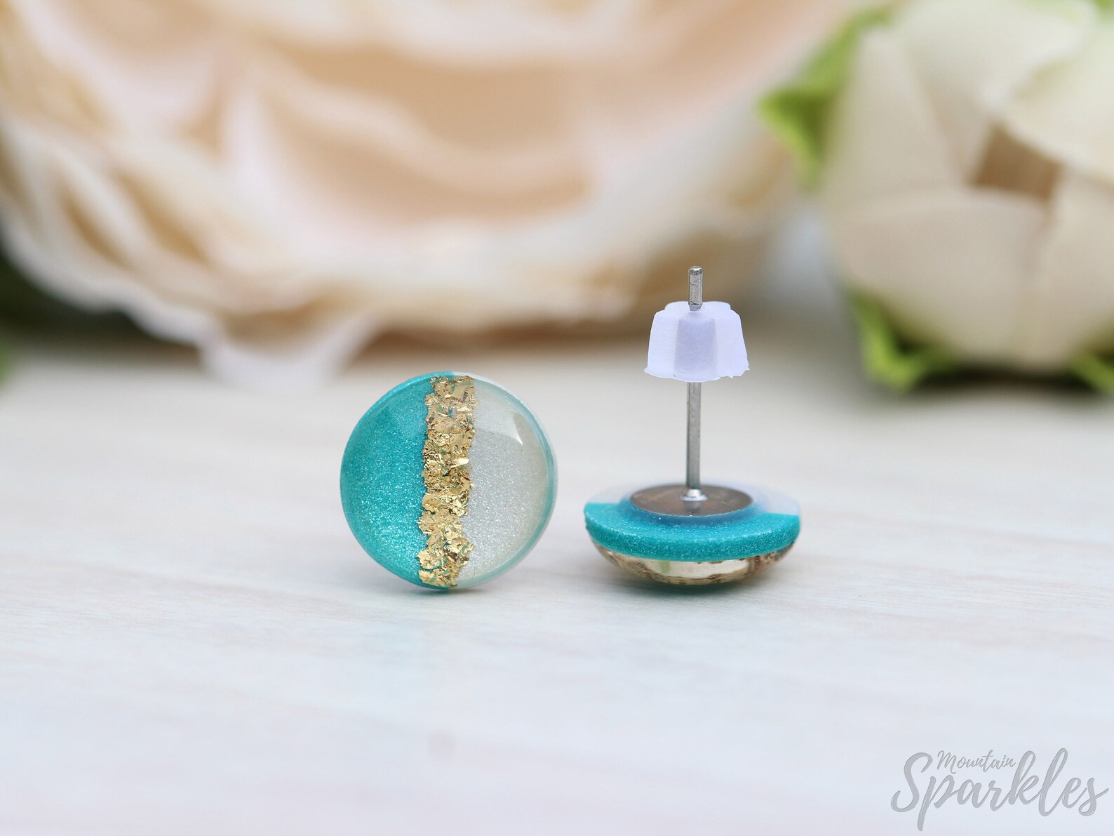 Beige Teal Studs Titanium Earrings Hypoallergenic - Etsy