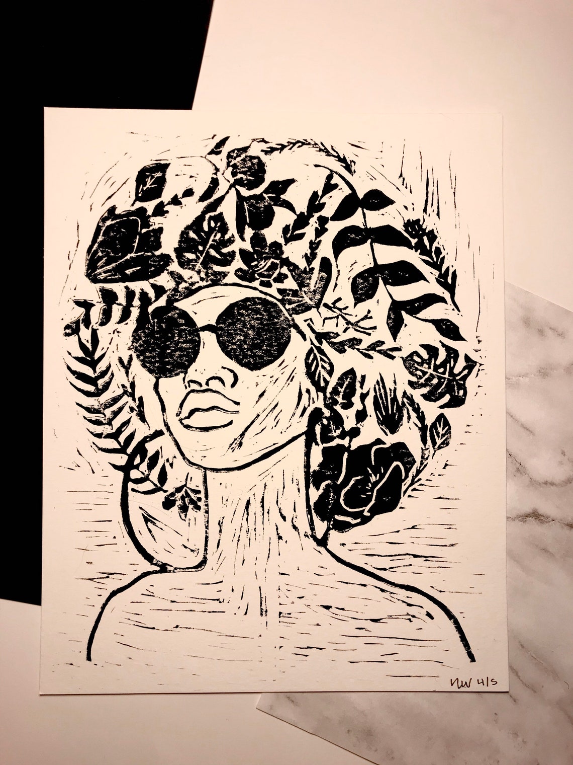 Black Woman Plant Hair Linocut Print - Etsy