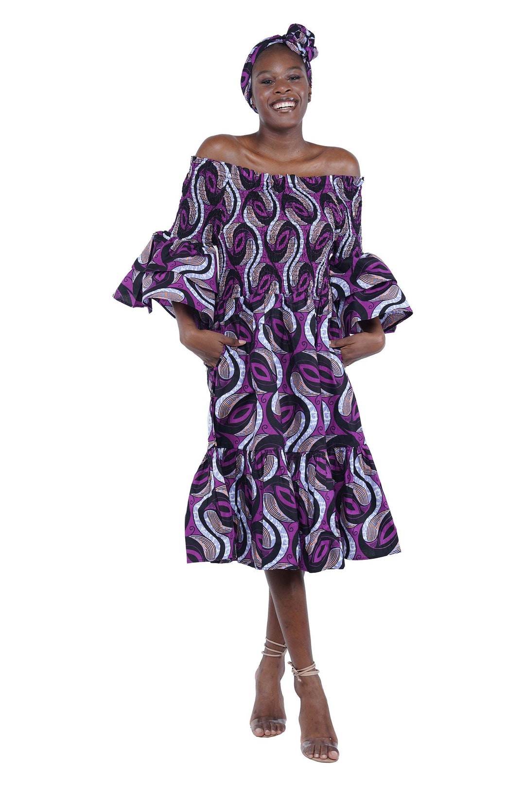 Ankara Midi Frill Neck Smoked Dress Ankara Midi Dress Traditional Kente