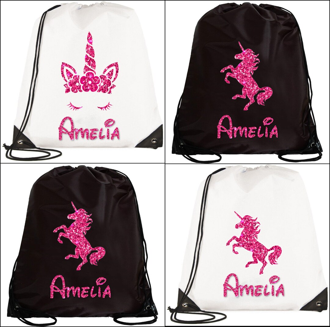 PERSONALISED UNICORN Drawstring Bag PE Dance Boys Girls Kids Swim Gym ...