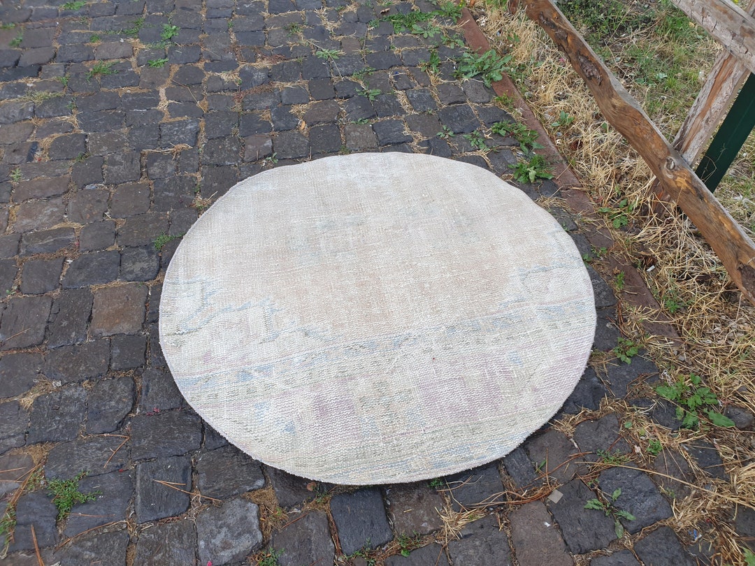 3 Feet Round Rug, Turkish Vintage Rug, Handmade Kitchen Rug, Area ...
